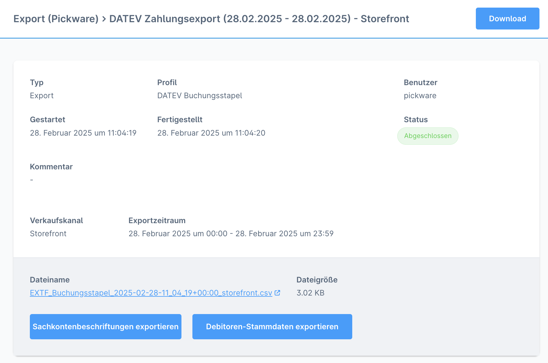 Einen DATEV-Zahlungsexport durchführen – Pickware Shopify Helpcenter