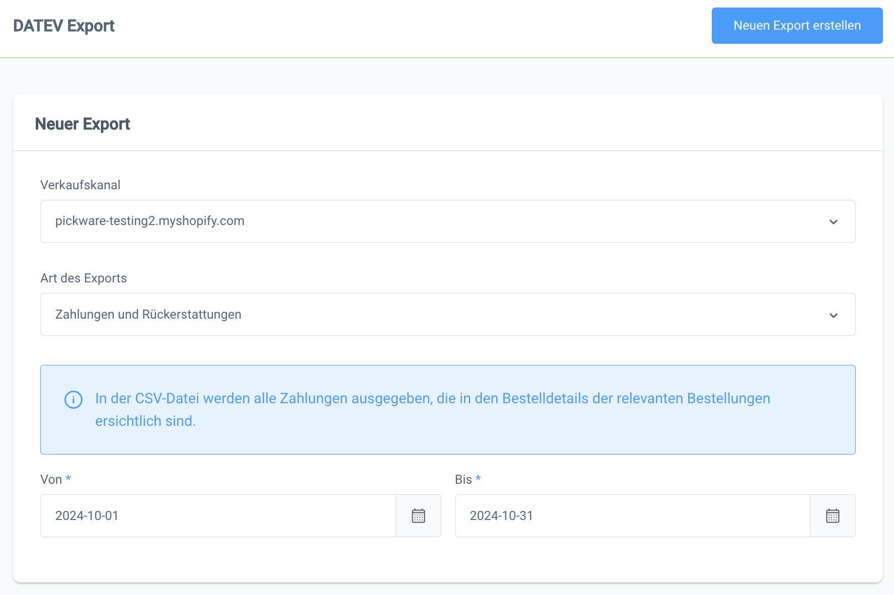 Einen DATEV-Zahlungsexport durchführen – Pickware Shopify Helpcenter